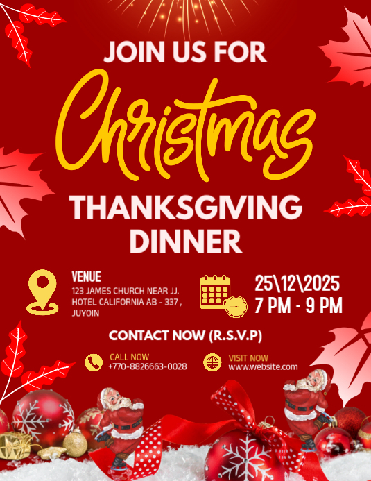 Red Christmas Thanksgiving Dinner Feast Invitation Flyer (us Letter ...