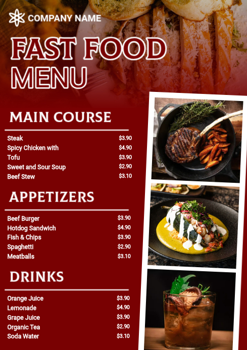 Red Fast Food Menu A4 Template | PosterMyWall