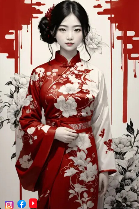 Red Floral Chinese Woman Poster Template | PosterMyWall