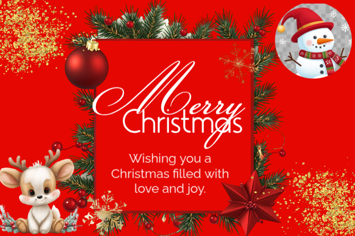 Red Floral Christmas Card Frame With Golden Glitter And Snow Man Poster ...