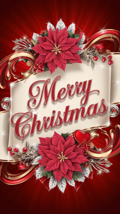 Red Floral Merry Christmas Card Frame Design Digital Display (9:16 ...
