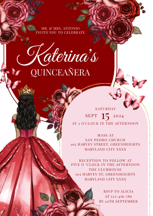 Red Floral Quinceanera Invitation A4 Template | PosterMyWall