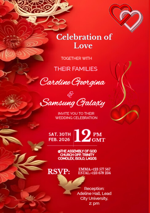 Copy of Red Floral Red Wedding Invitation Card A5 | PosterMyWall