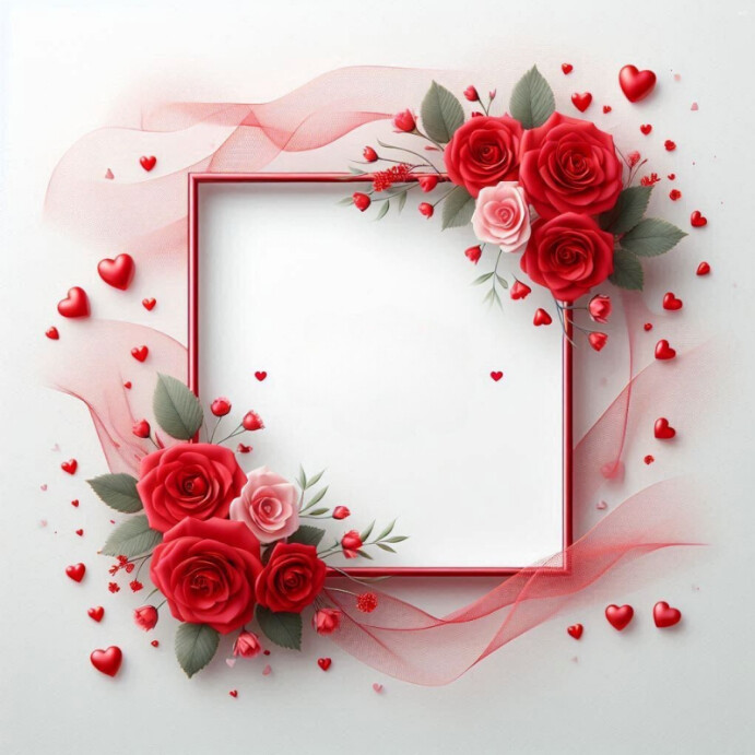 Red flowered romantic love frame with red roses and hearts decoration ...