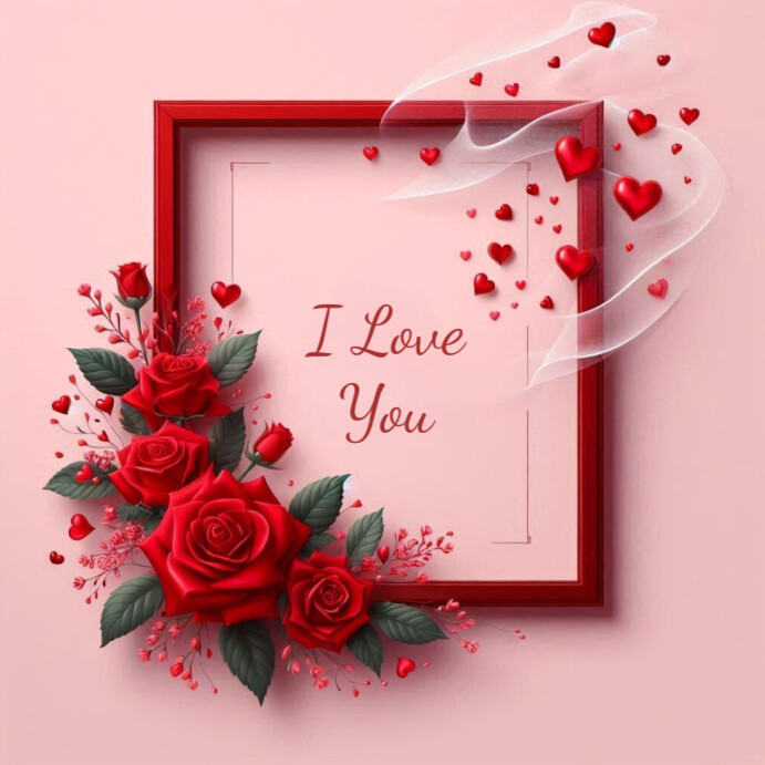 Red flowered romantic love frame with red roses and hearts decoration ...