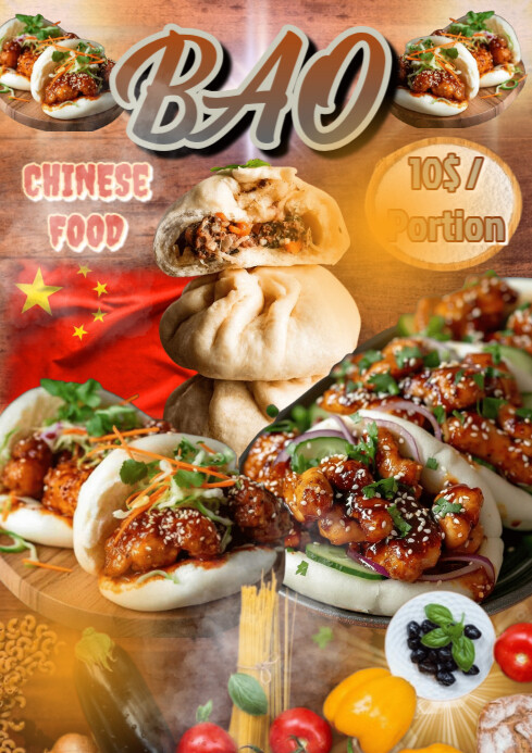 Red Futuristic Bao Chinese Food A4 templaat | PosterMyWall