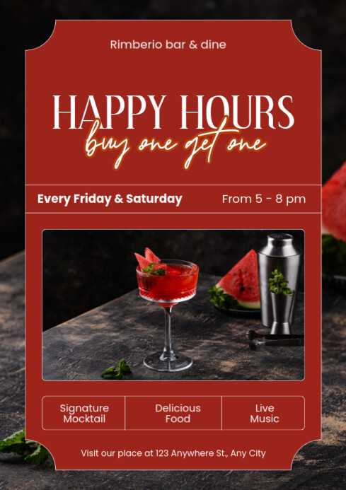 Red Happy Hour A4 Template | PosterMyWall