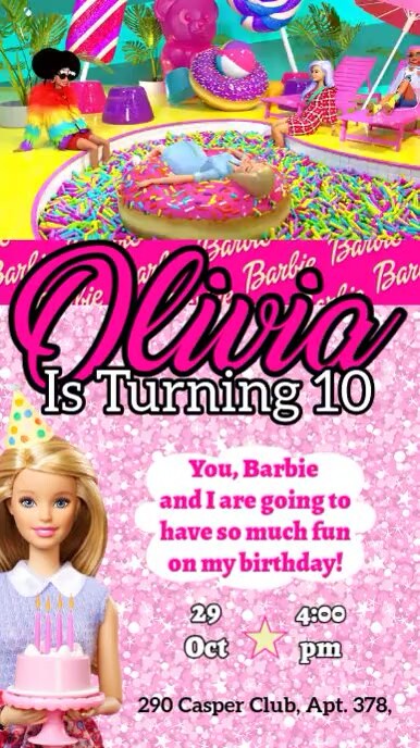 Copy of Red Illustrative Animated Barbie Birthday Invitation With Video ...
