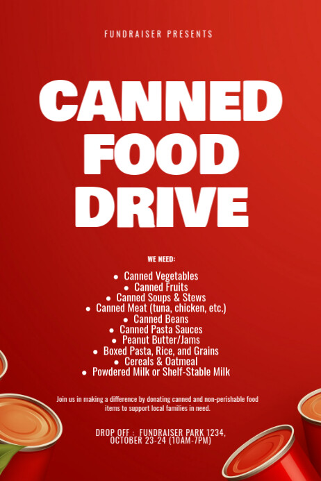 Red Illustrative Canned Food Drive Poster Template | PosterMyWall