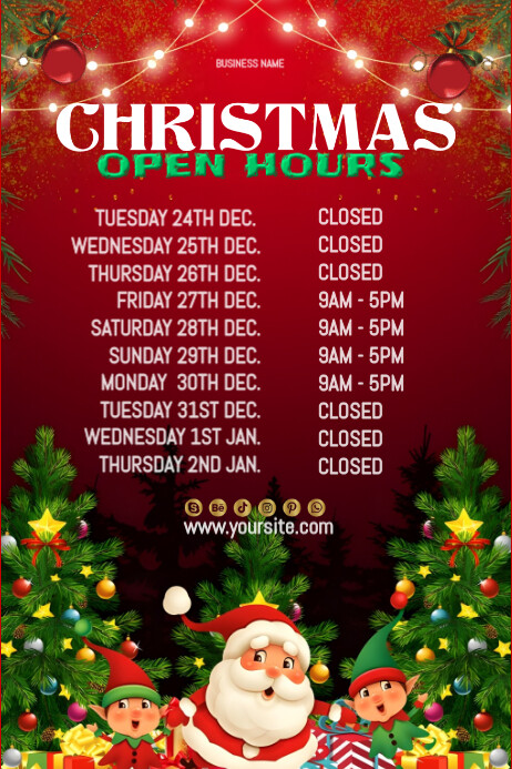 Red Illustrative Christmas Open Hours Poster Template | PosterMyWall