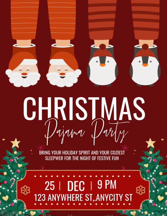 Red Illustrative Christmas Pajama Party Flyer 2024 Template | PosterMyWall
