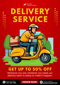Red Illustrative Delivery Service Poster Template | PosterMyWall