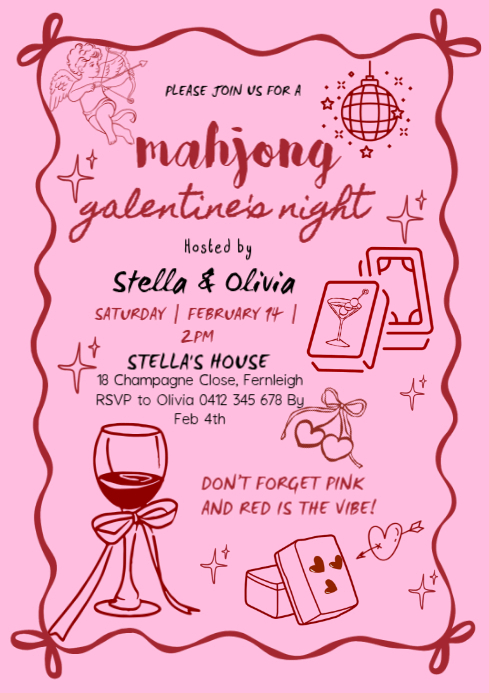 Red Illustrative Mahjong Galentine's Invitation A4 Template | PosterMyWall