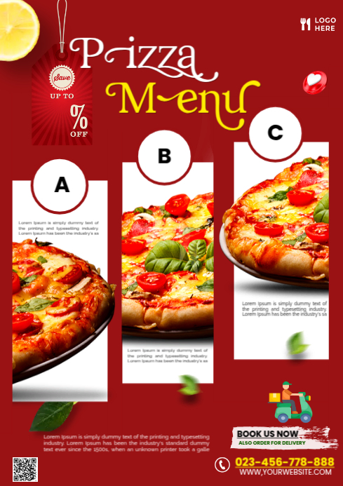 Plantilla de Red Illustrative Pizza Menu Design Template A4 | PosterMyWall
