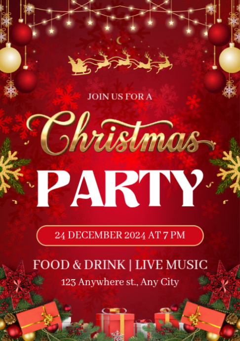 Red Illustrative Red And Gold Modern Christmas Party Poster A2 Template ...