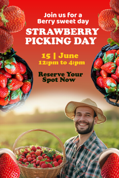 Red Illustrative Strawberry Picking Day Poster Template | PosterMyWall