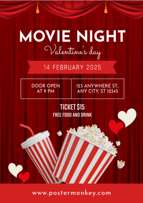 Red Illustrative Valentines Day Movie Night A4 Template | PosterMyWall