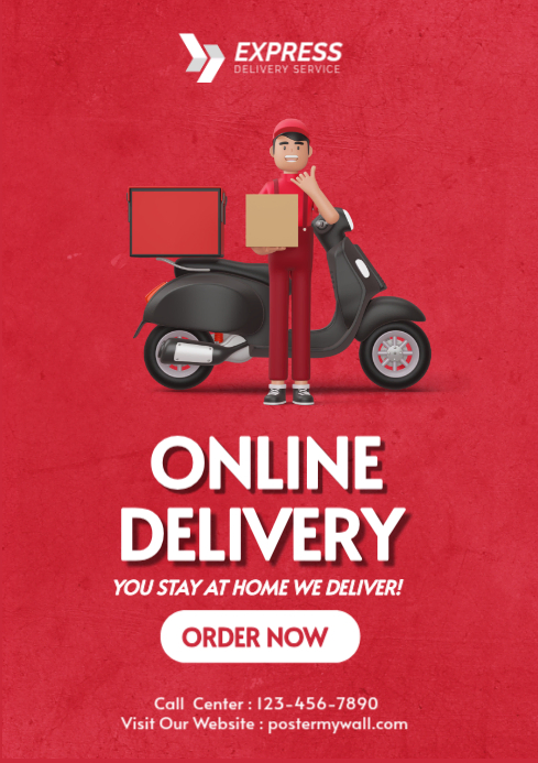 Red Ilustratif Delivery Service Poster A4 Template | PosterMyWall
