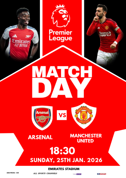 Red Joyful Arsenal Vs Manchester United Premier League Match A4 ...