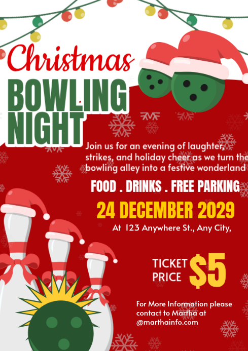 Red Joyful Christmas Bowling Night A4 Template | PosterMyWall
