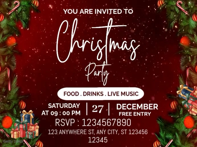 Red Joyful Christmas Party Invitation Card Video Yard Sign Template ...
