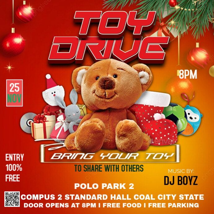 Plantilla de Red Joyful Christmas Toy Drive Template Party Instagram Post | PosterMyWall