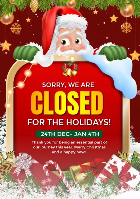 Red Joyful Closed Notice For Holidays A4 Template | PosterMyWall