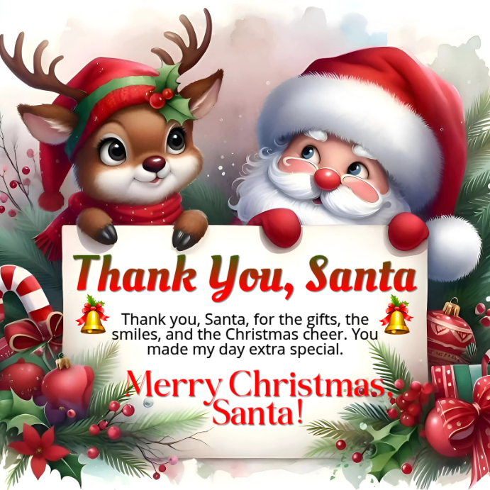 Red Joyful Cute Santa And Reindeer Thank You Christmas Instagram Post ...