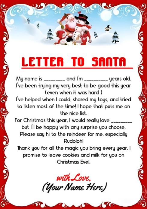 Red Joyful Letter To Santa Printable for kids A4 Template | PosterMyWall