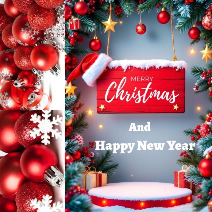 Red Joyful Merry Christmas And Happy New Year Card Design Instagram ...