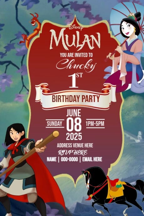 Red Joyful Mulan Birthday Invitation Poster Template | PosterMyWall