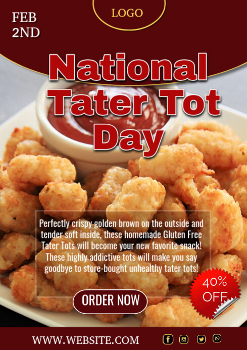 Red Joyful National Tater Tot Day Celebration A1 Template | PosterMyWall