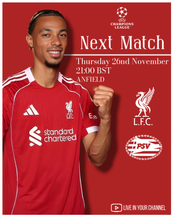 Red Joyful Next Match : Liverpool Vs Psv Instagram Portrait Template ...