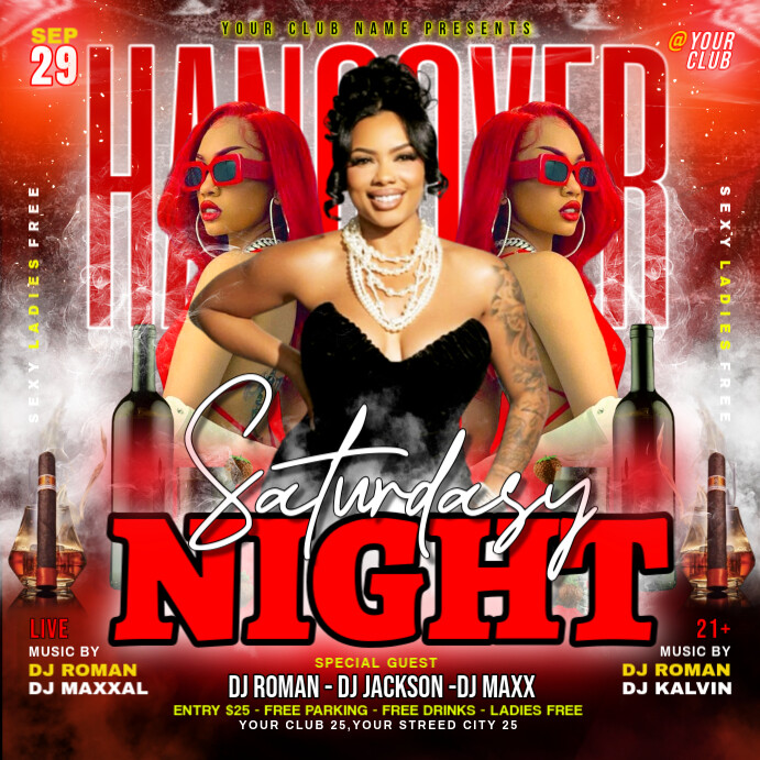 Red Joyful Saturday Hangover Night Party Flyer Square (1:1) Template ...