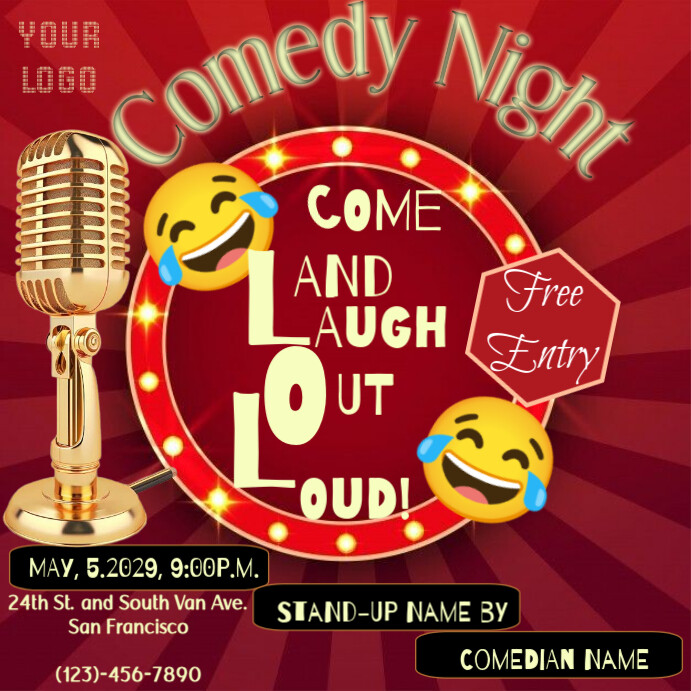 Red Joyful Stand Up Comedy Poster Design Instagram Post เทมเพลต ...