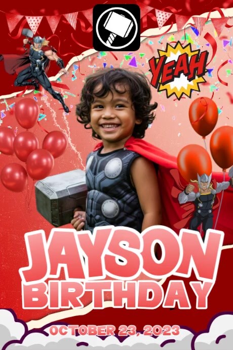 Red Joyful Thor Avengers Birthday Ref Magnet Poster Template | PosterMyWall