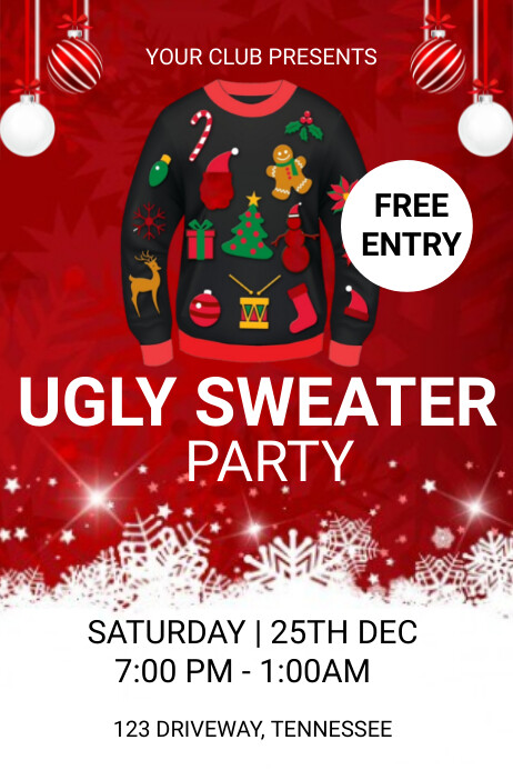 Red Joyful Ugly Sweater Party Flyer Template | PosterMyWall