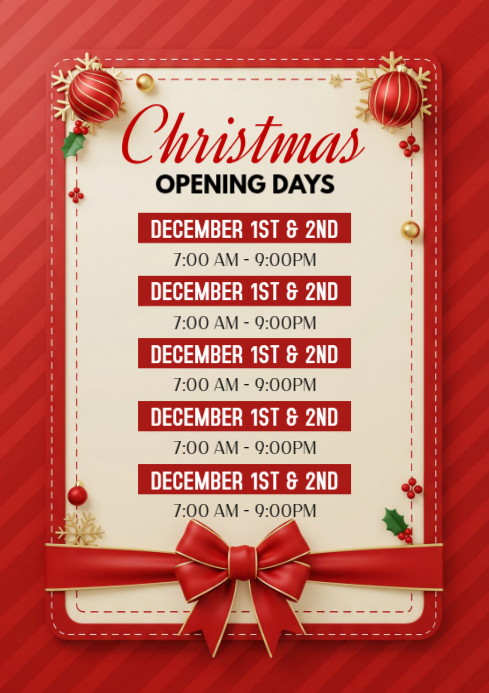 Plantilla de Red List-based Christmas Opening Days A4 | PosterMyWall