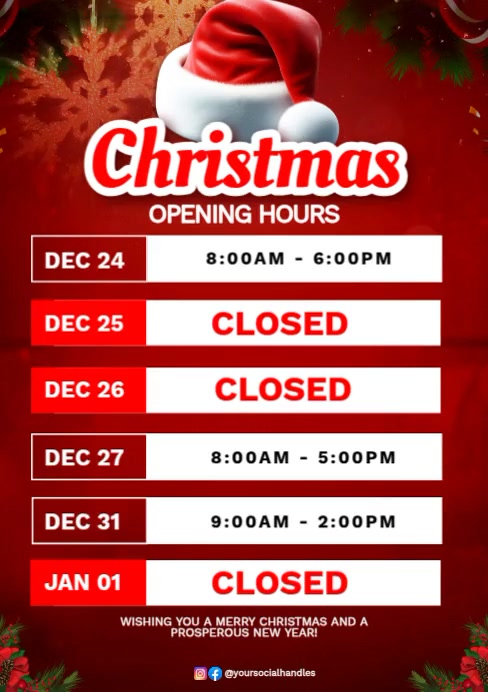 Red List-based Christmas Opening Hours Notice A5 Template | PosterMyWall