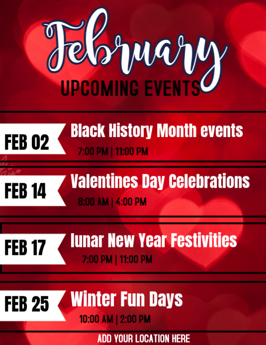 Plantilla de Red List-based February Upcoming Events Flyer (us Letter ...