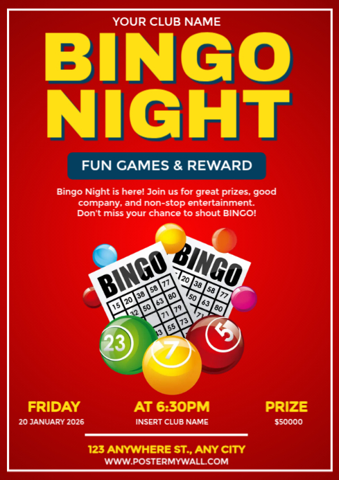 Plantilla de Red Maximalist Bingo Night Event A4 | PosterMyWall
