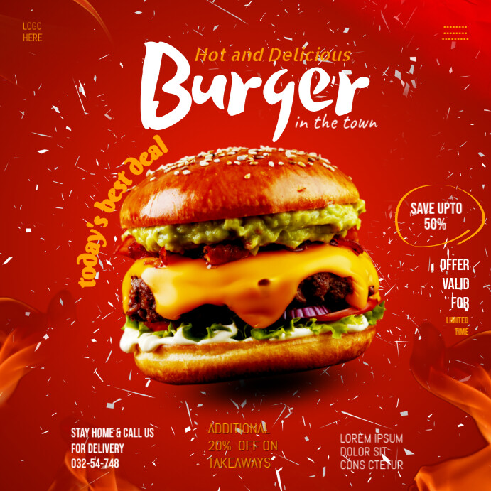 Red Maximalist Burger Ad Instagram Post Template | PosterMyWall