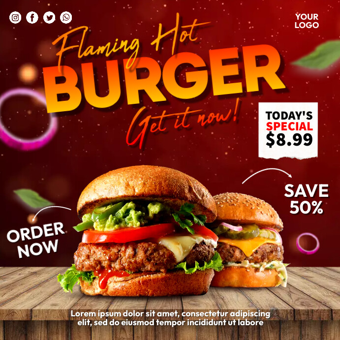 Plantilla de Red Maximalist Burger Food Menu Instagram Po | PosterMyWall