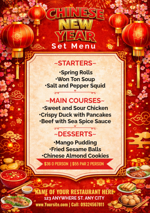 Red Maximalist Chinese New Year Menu Template - Festive Lunar New Year ...