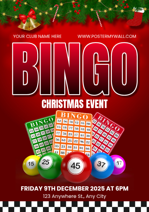 Red Maximalist Christmas Bingo Night Event A4 Template | PosterMyWall
