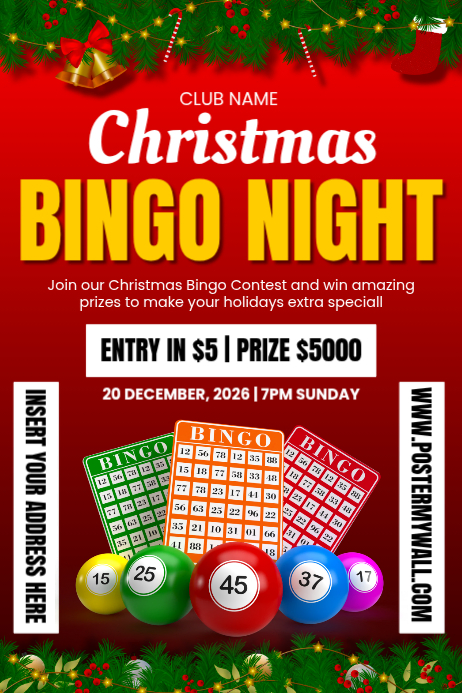 Red Maximalist Christmas Bingo Night Event Poster Template | PosterMyWall