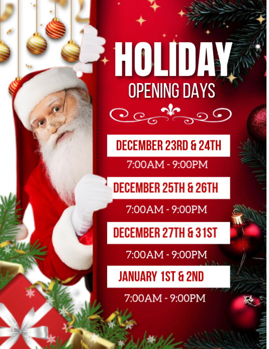 Red Maximalist Christmas Holiday Opening Day Schedule Flyer (us Letter ...