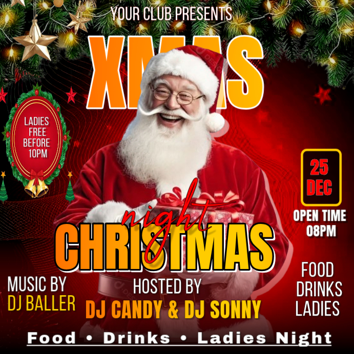 Plantilla de Red Maximalist Christmas Night Club Party Flyer With Santa ...