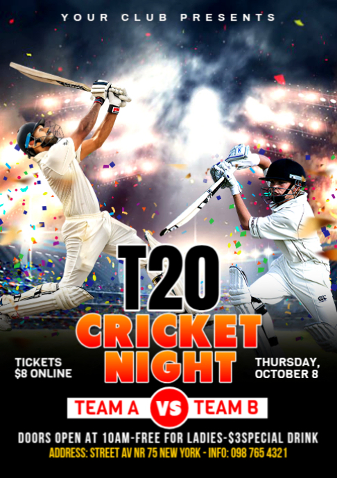 Red Maximalist Cricket Flyer A2 Template | PosterMyWall