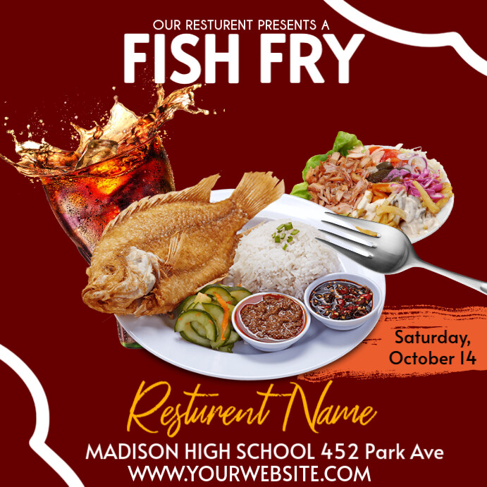 Red Maximalist Fish Fry Flyer Instagram Post Template | PosterMyWall